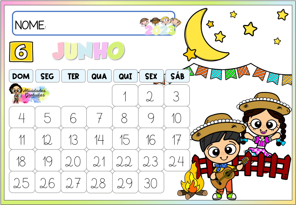 Calendário Mês de Junho 2023